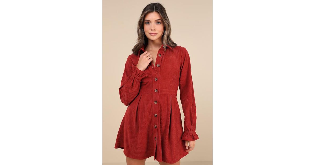 Lulus Autumn Mood Rust Corduroy Mini Dress With Pockets in Red | Lyst