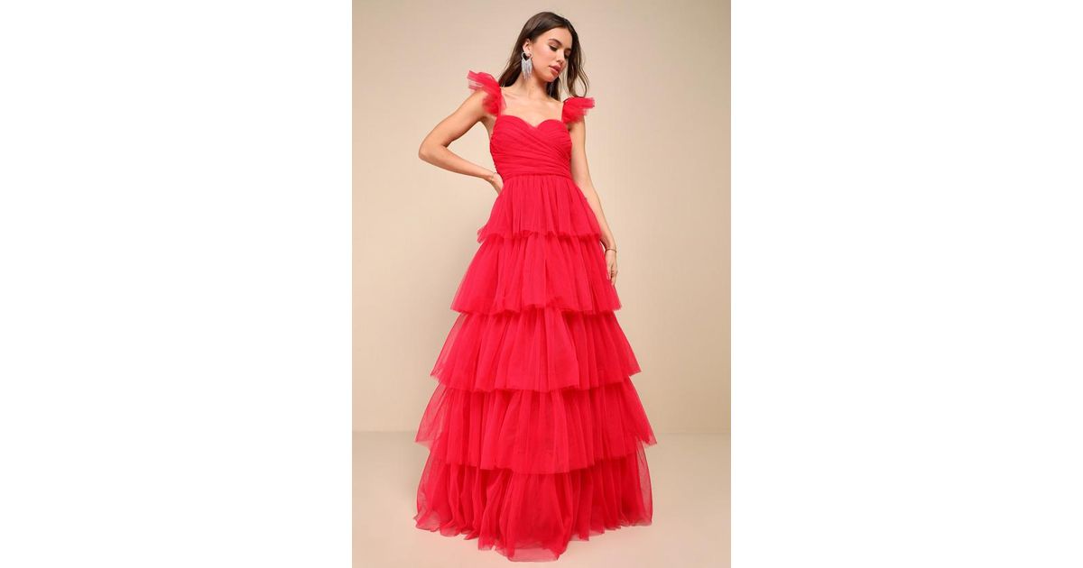 Lulus Fabulous Poise Bright Tulle Ruffled Tiered Maxi Dress | Lyst