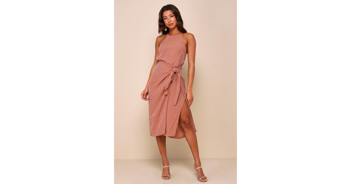 Lulus Amalfi Muse Rust Striped Cutout Faux Wrap Midi Dress | Lyst