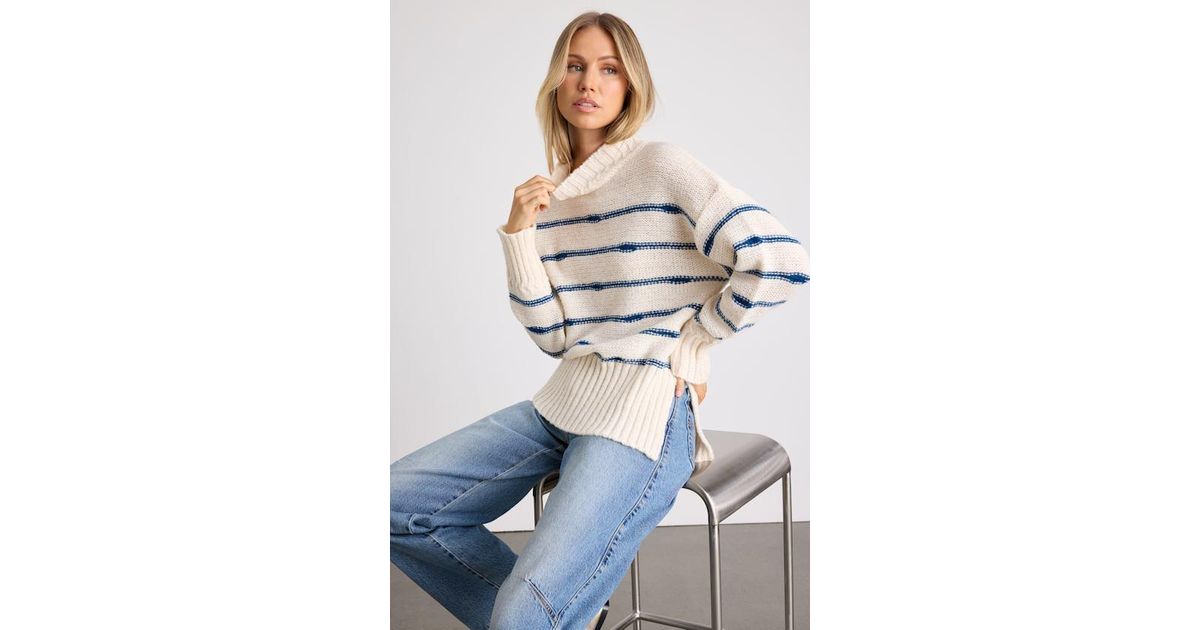 Lulus Cuddly Delight Ivory And Striped Mock Neck Pullover Sweater | Lyst