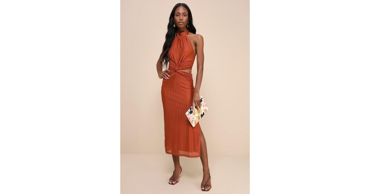 Lulus Poised Attitude Rust Halter Cutout Twist-Front Midi Dress | Lyst