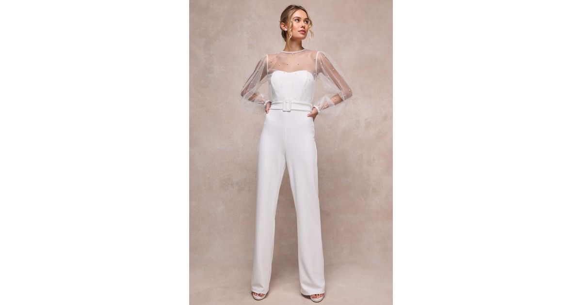 Lulus Lavish Darling Mesh Pearl Belted Wide-Leg Jumpsuit in Natural | Lyst