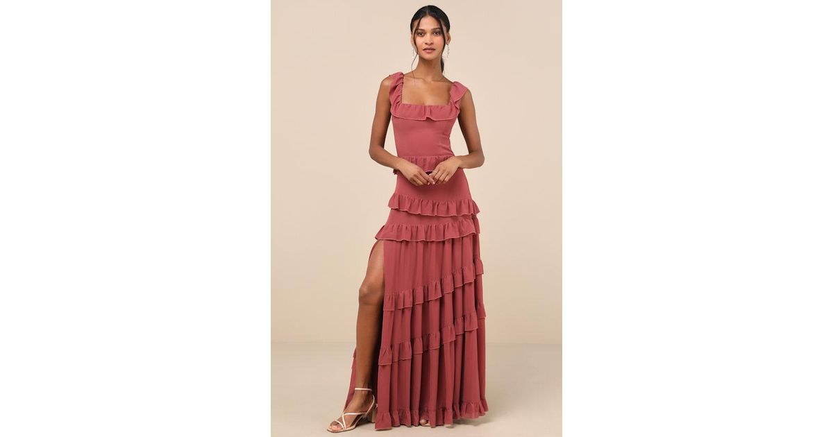 Lulus Compelling Romantic Rusty Rose Ruffled Tiered Maxi Dress | Lyst