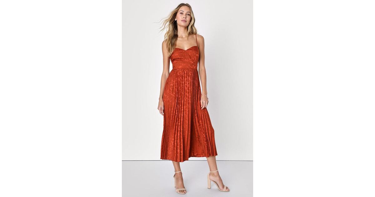 Lulus Regal Romance Rust Floral Jacquard Pleated Satin Midi Dress in ...