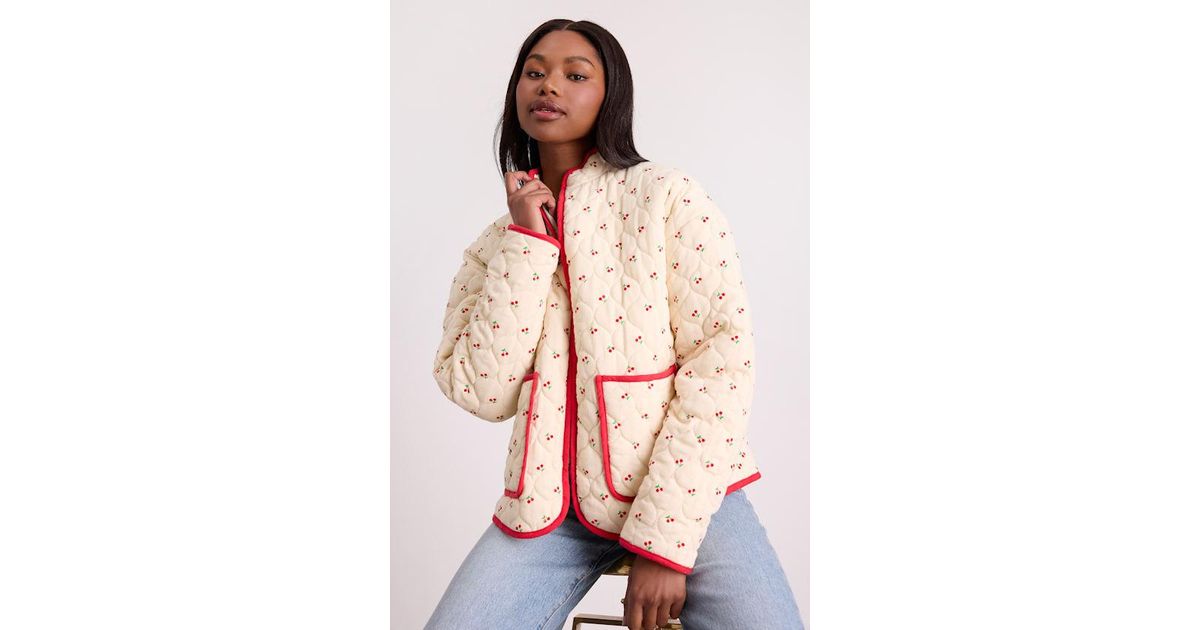 Lulus Bundled Perfection Cream Cherry Print Quilted Puffer Jacket in ...