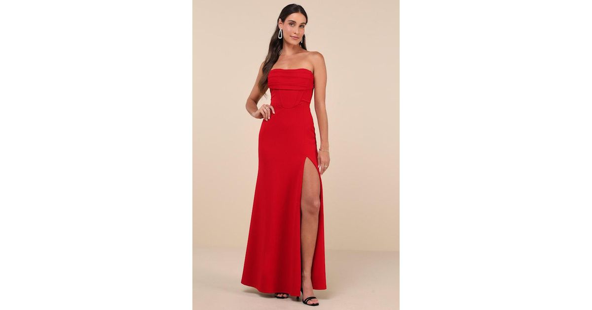 Lulus Spellbinding Allure Bustier Strapless Mermaid Maxi Dress in Red ...