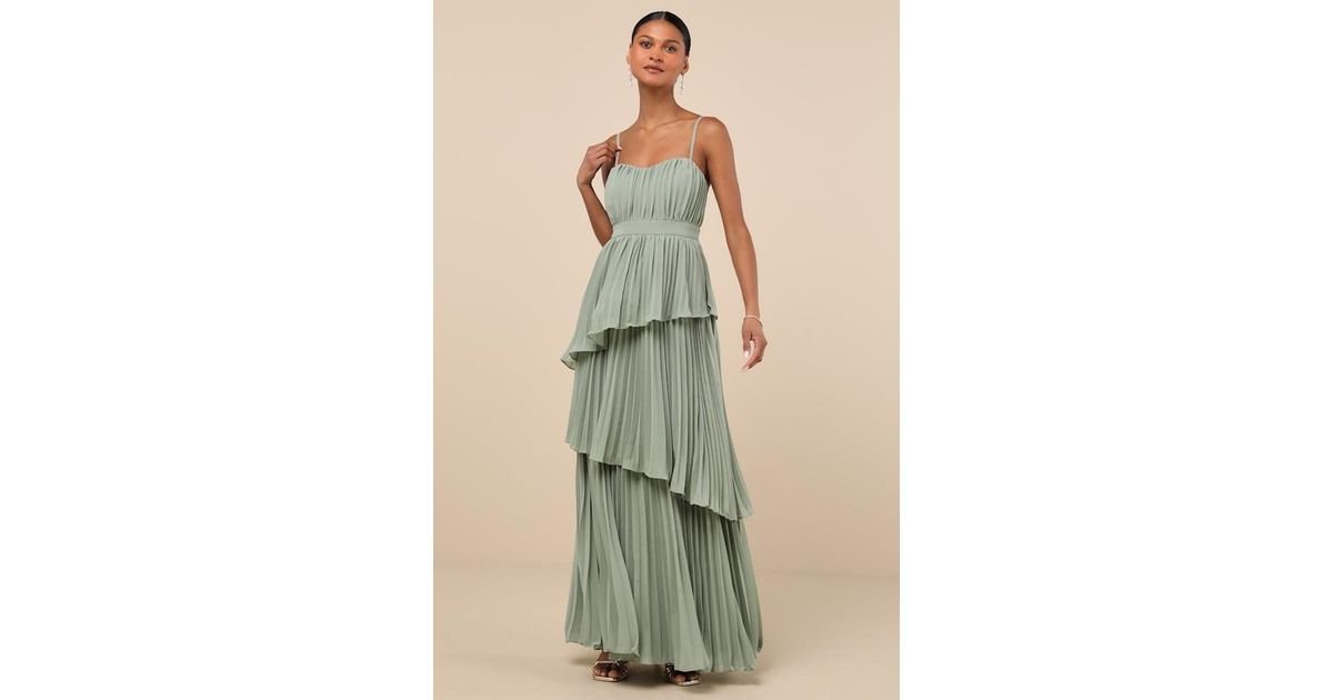 Lulus Jehona Sage Brush Pleated Tiered Maxi Dress in Green | Lyst
