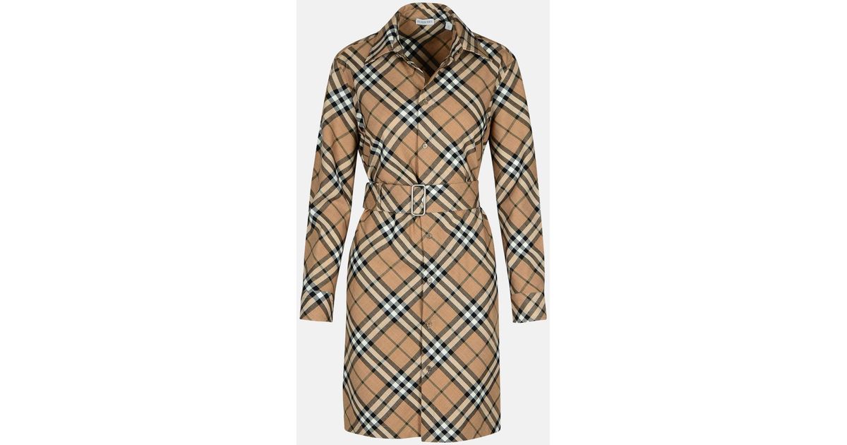Burberry 'check' Dress In Wool Blend in Natural | Lyst
