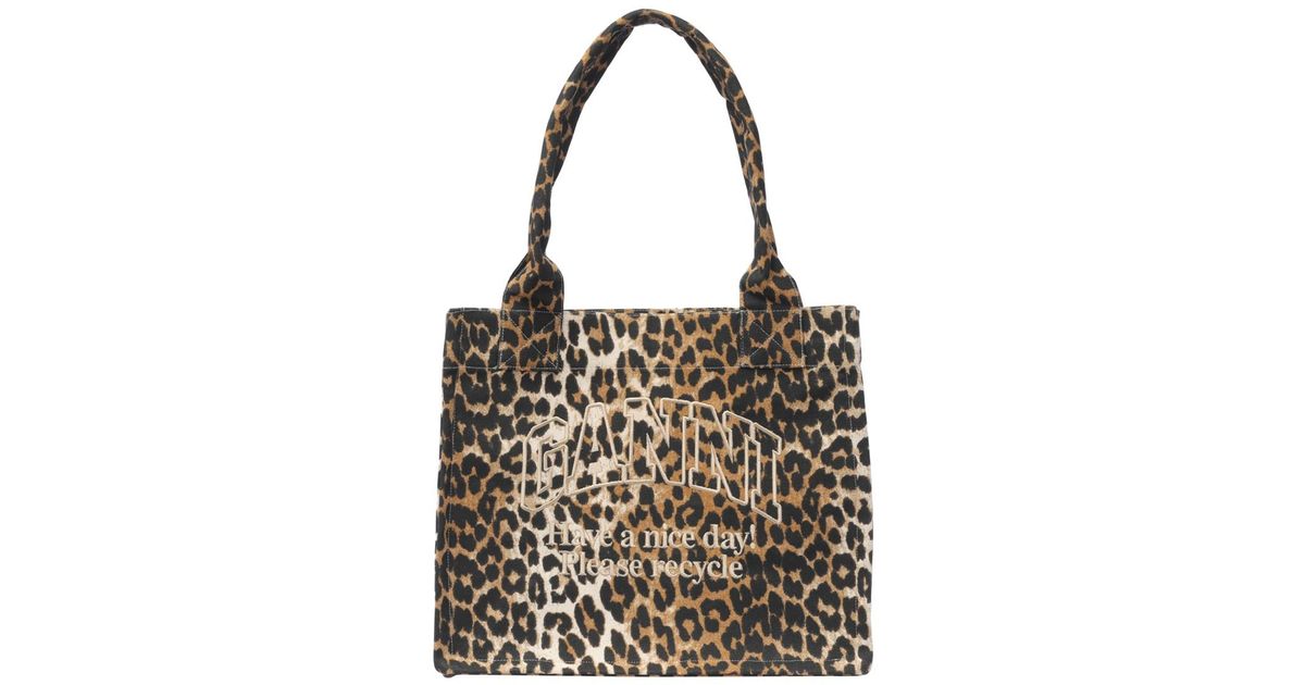 Ganni Large Leopard Print Logo Tote Bag in Black | Lyst