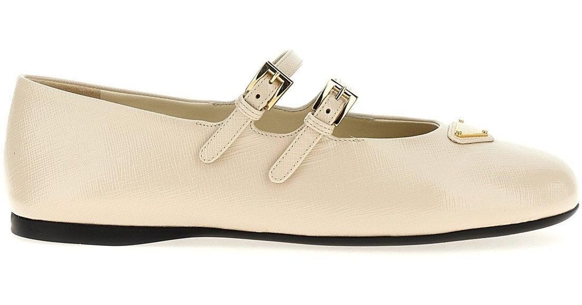 Prada Double Strap Ballet Flats in White | Lyst