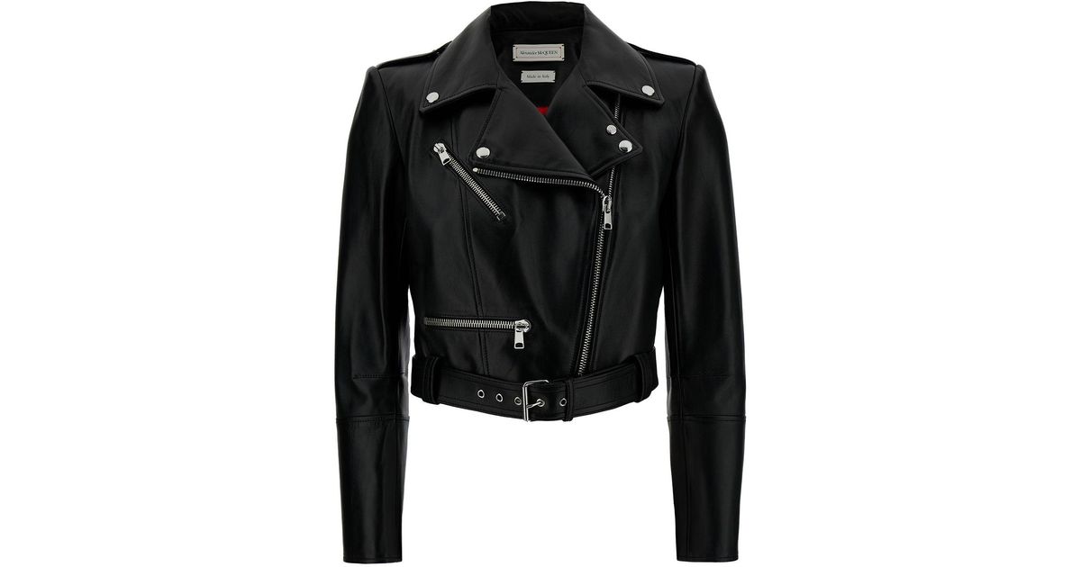 McQueen Cropped Biker Jacker With Matching Belt in Black | Lyst