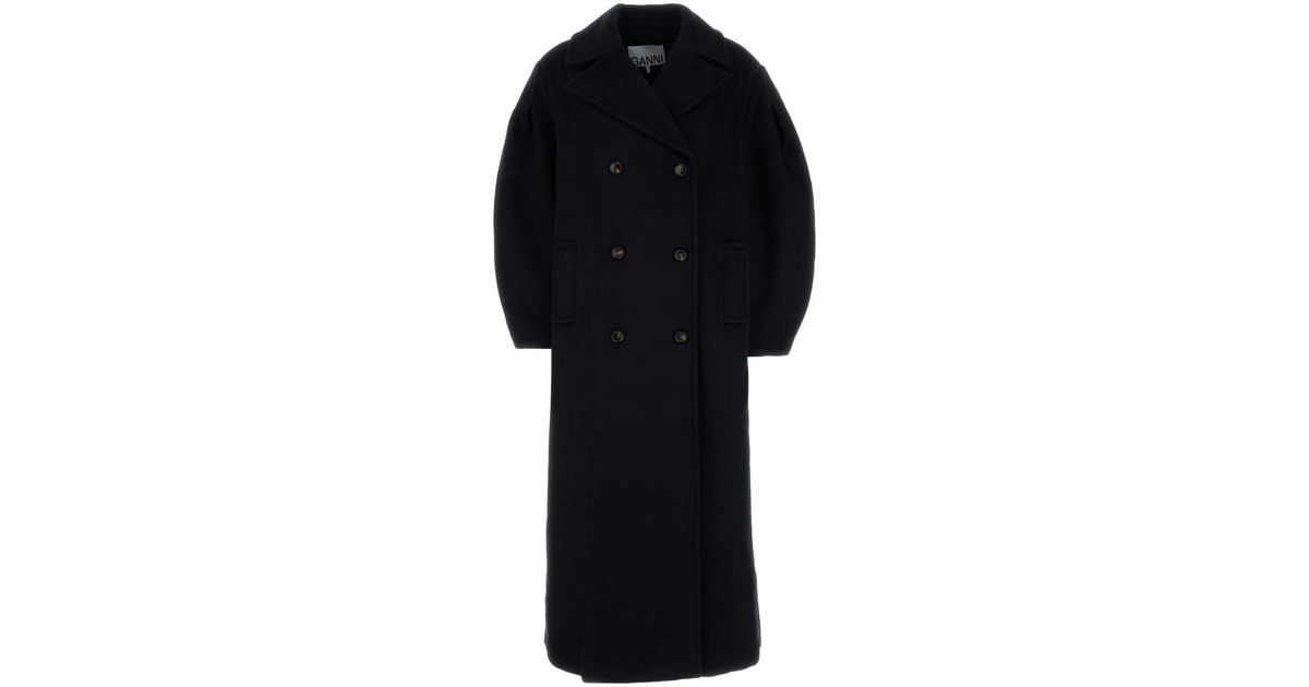 Ganni Midnight Wool Blend Coat in Black | Lyst