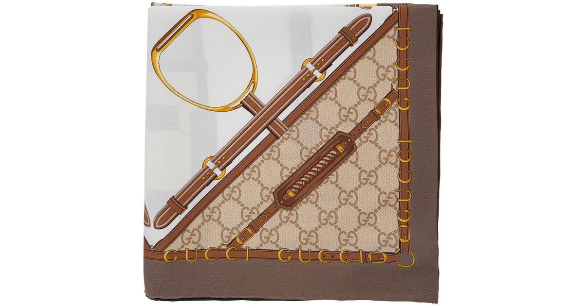 Gucci Square Scarf With All-Over Heritage Print in Brown | Lyst