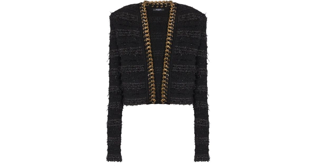 Balmain Chains Details Side To Side Tweed Jacket in Black | Lyst