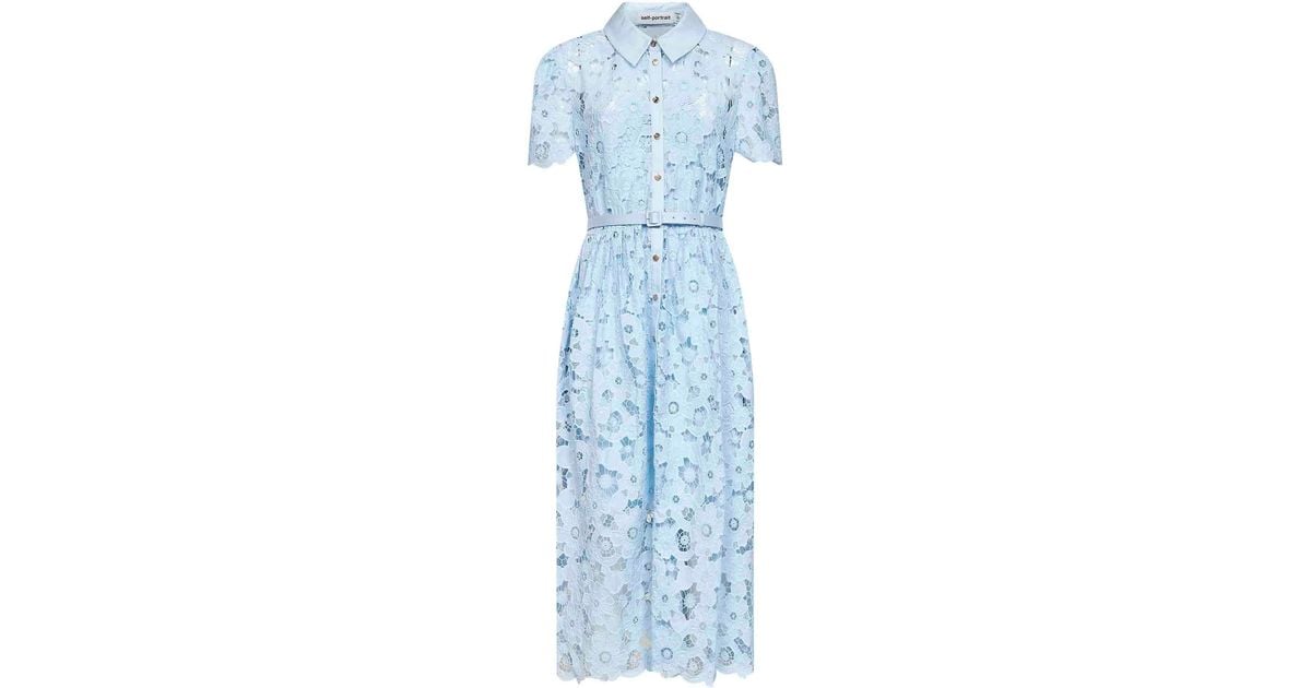 Self-Portrait Self Portrait Light Lace Belted Midi Shirt Dress in Blue ...