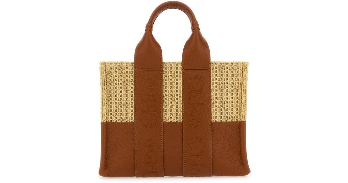 Chloé Two-Tone Raffia And Leather Small Woody Shopping Bag in Brown | Lyst