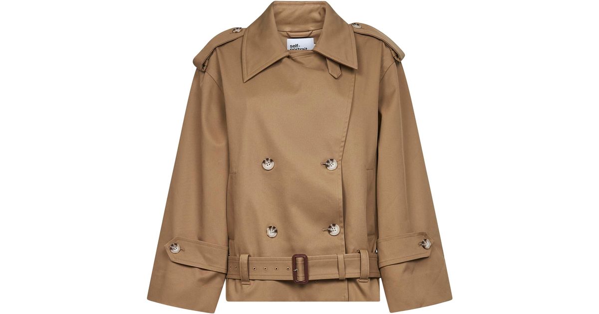 Self-Portrait Gabardine Trench Jacket in Brown | Lyst