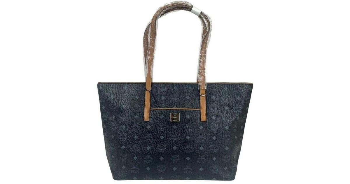 MCM Monogram Visetos Medium Shopper Tote Bag in Blue | Lyst