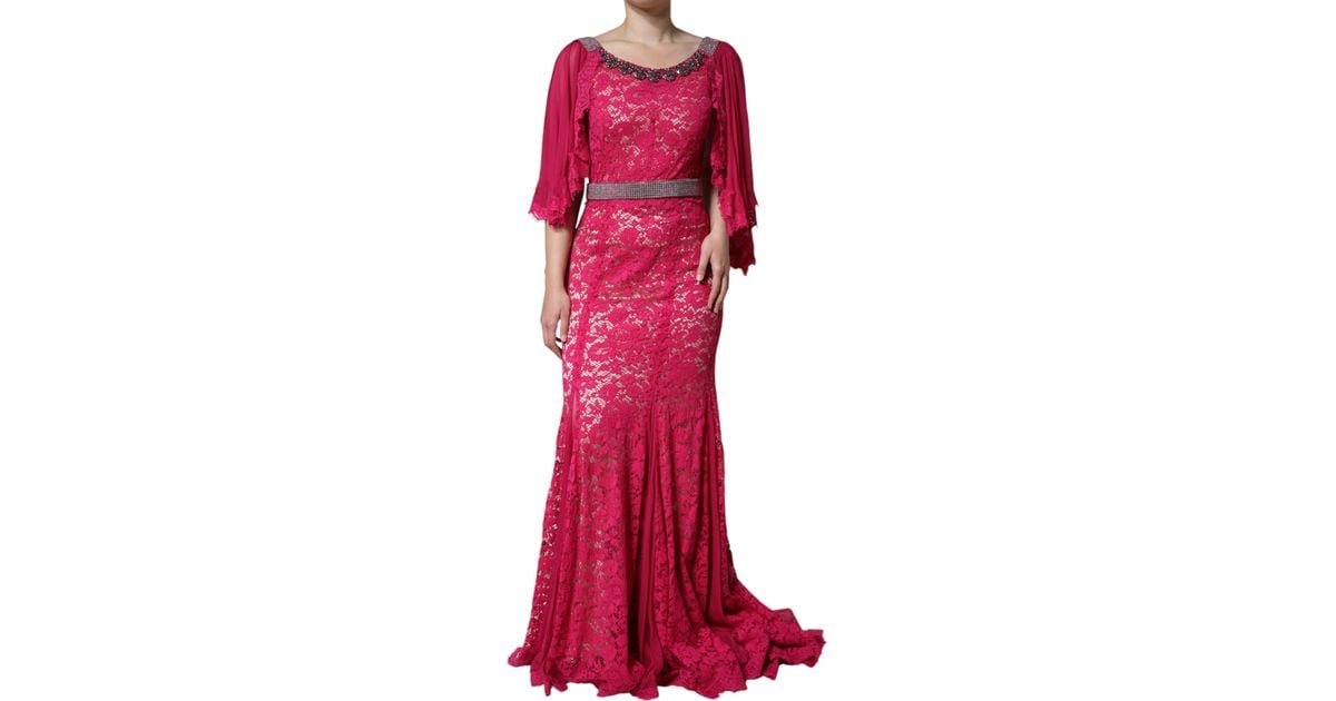Dolce & Gabbana Lace Crystal Sheath Long Gown Dress in Red | Lyst