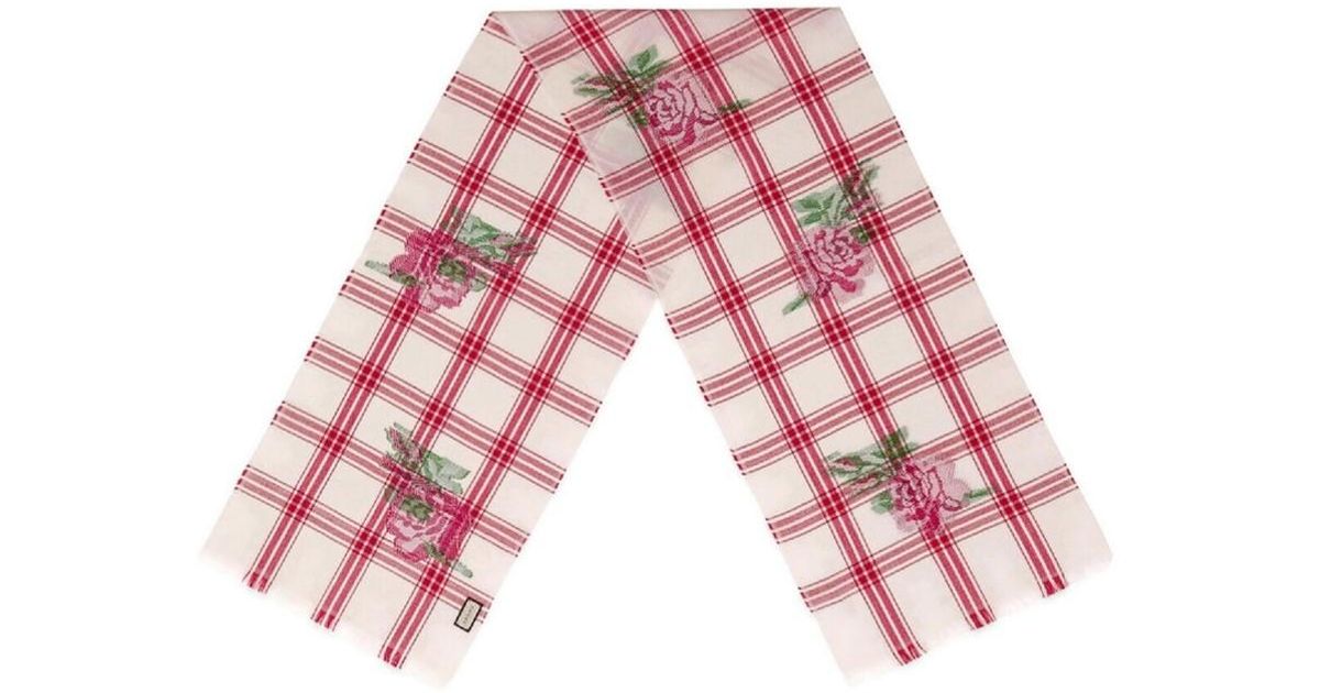 Gucci Off Wool Plaid Rose Print Scarf Muffler in Pink | Lyst