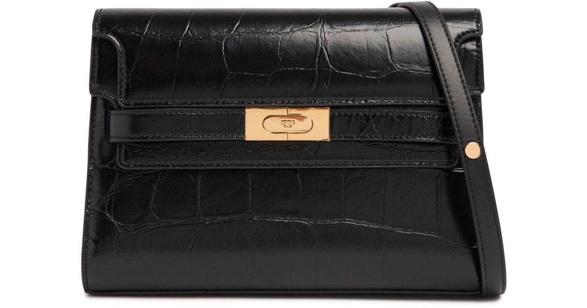 Tory Burch Lee Radziwill Croc Embossed Shoulder Bag Unique in Black | Lyst