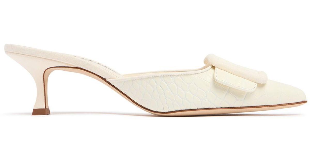 Manolo Blahnik 50mm Maysalebi Croc Embossed Mules in Natural | Lyst