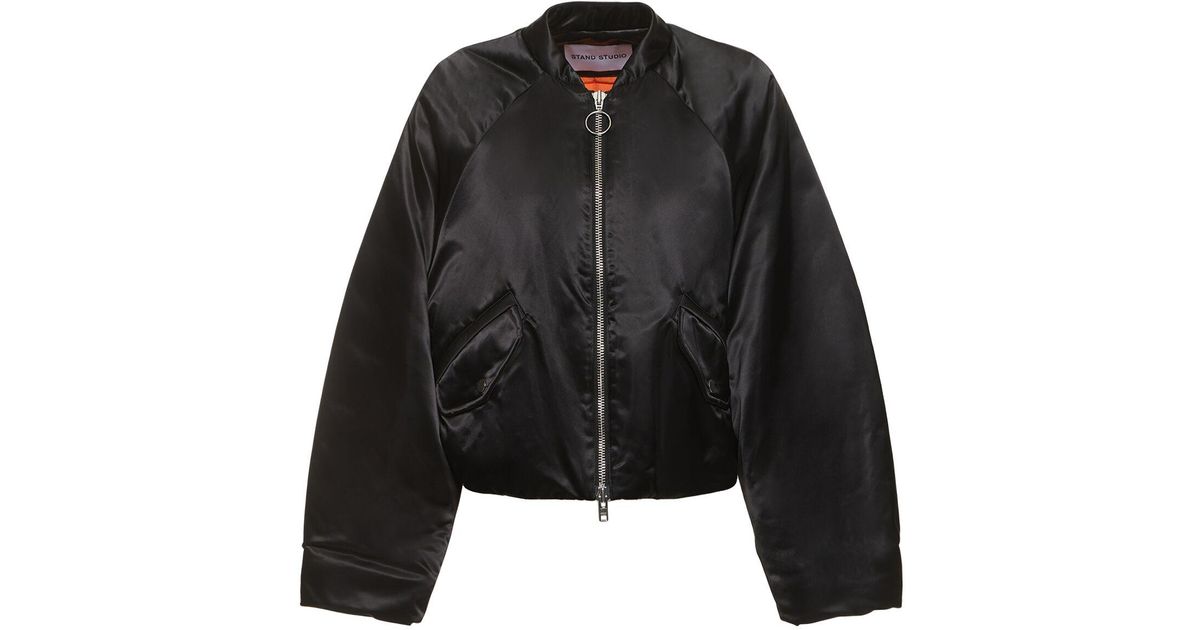 Stand Studio Petula Satin Twill Zip Bomber Jacket in Black | Lyst UK