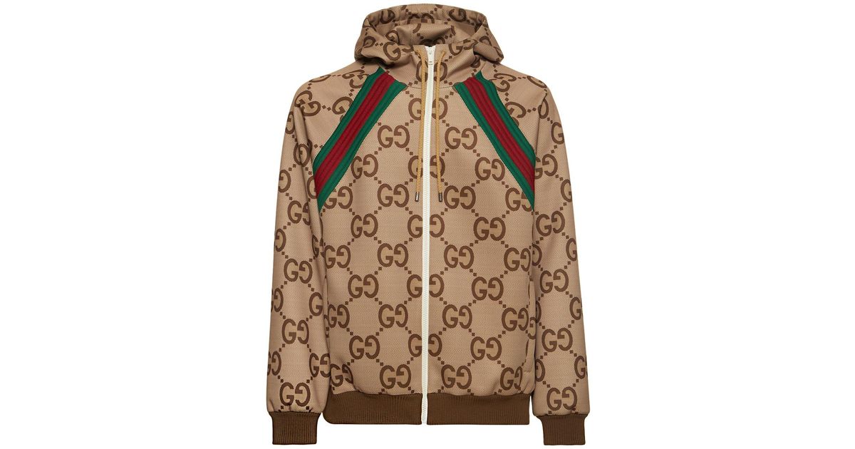 Gucci Gg Printed Tech Zip-Up Hoodie in Brown for Men | Lyst