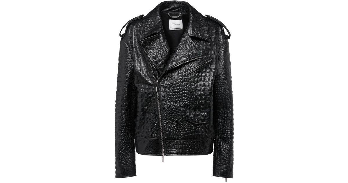 Blumarine Croc Embossed Leather Biker Jacket in Black | Lyst