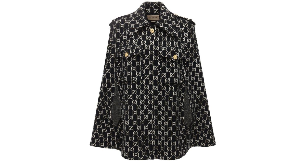 Gucci Logo Felted Wool Jacquard Cape in Black | Lyst