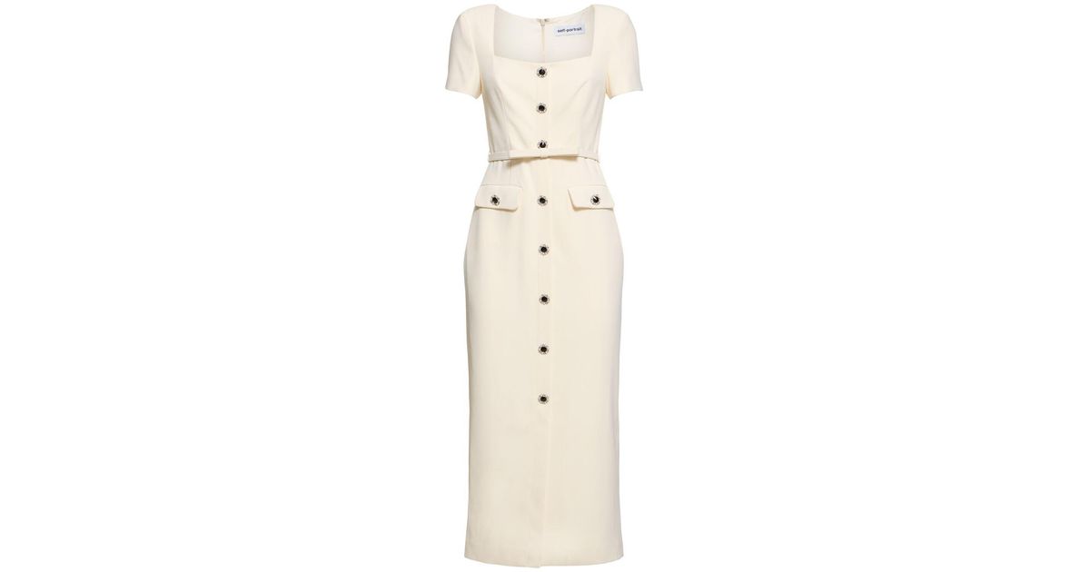 Self-Portrait Crepe Button Midi Dress in Natural | Lyst