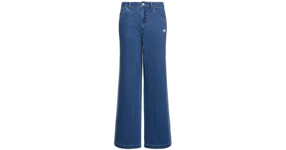 adidas Originals 3-Stripe Denim Wide Pants in Blue | Lyst