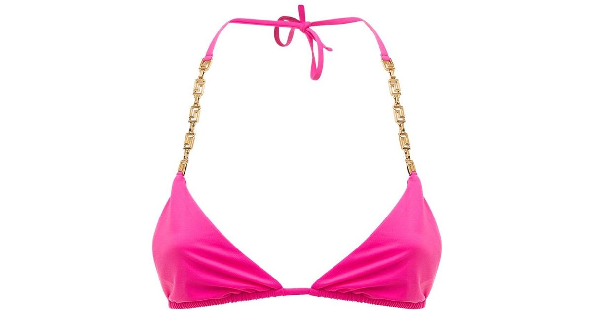 Versace Synthetic Lycra Triangle Bikini Top W Chain Strap In Fuchsia