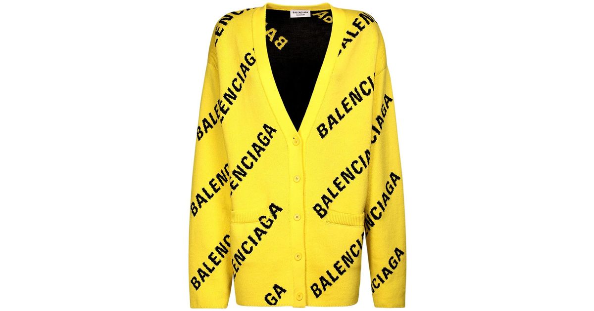 Balenciaga Logo Cotton Blend Knit V Neck Cardigan in Yellow Balenciaga Logo Cotton Blend Knit V Neck Cardigan in Yellow