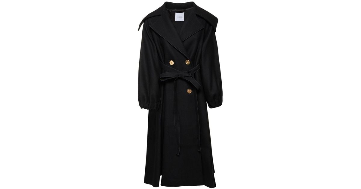 Patou Wool Belted Double Breasted Trench Coat in Black | Lyst UK