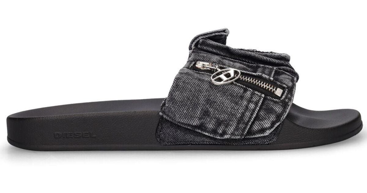 DIESEL Sa-mayemi Denim Slide Sandals in Black for Men | Lyst