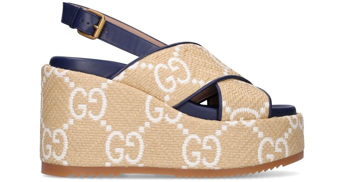 Gucci Leather 85mm Angelina Gg Raffia Wedges in Natural (Blue) | Lyst UK