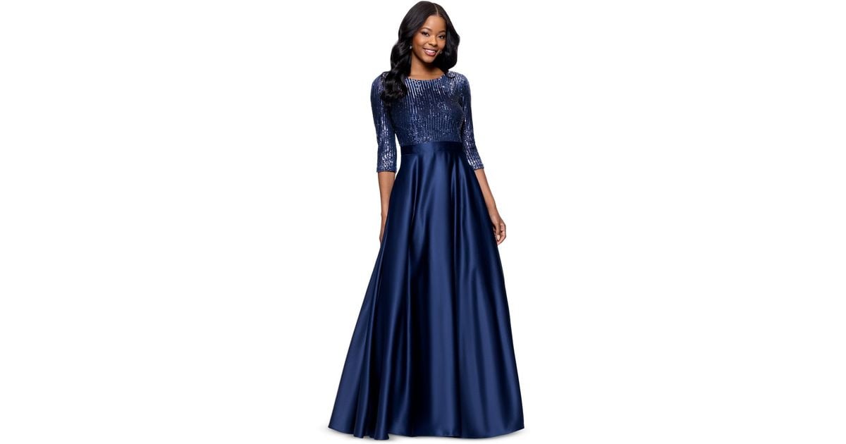 Betsy & Adam Petite Embellished Satin Gown in Blue | Lyst