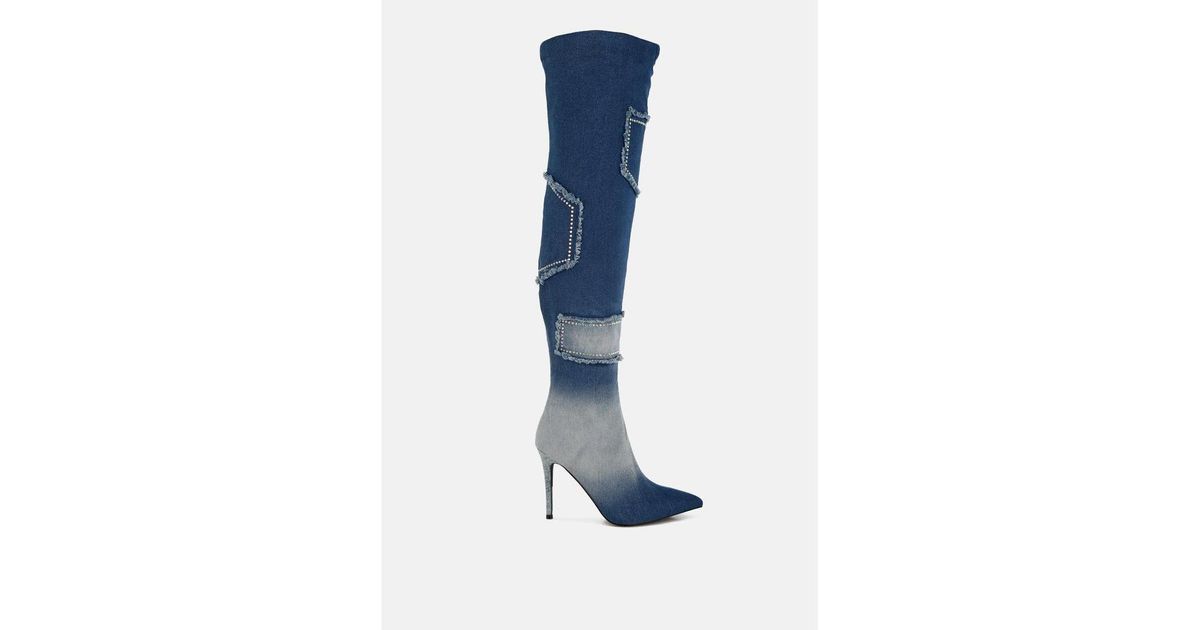 LONDON RAG Eilish Rhinestones Knee High Denim Boots in Blue | Lyst