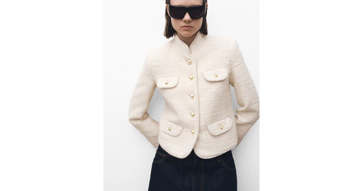 Mango Mandarin Collar Tweed Jacket in Natural | Lyst
