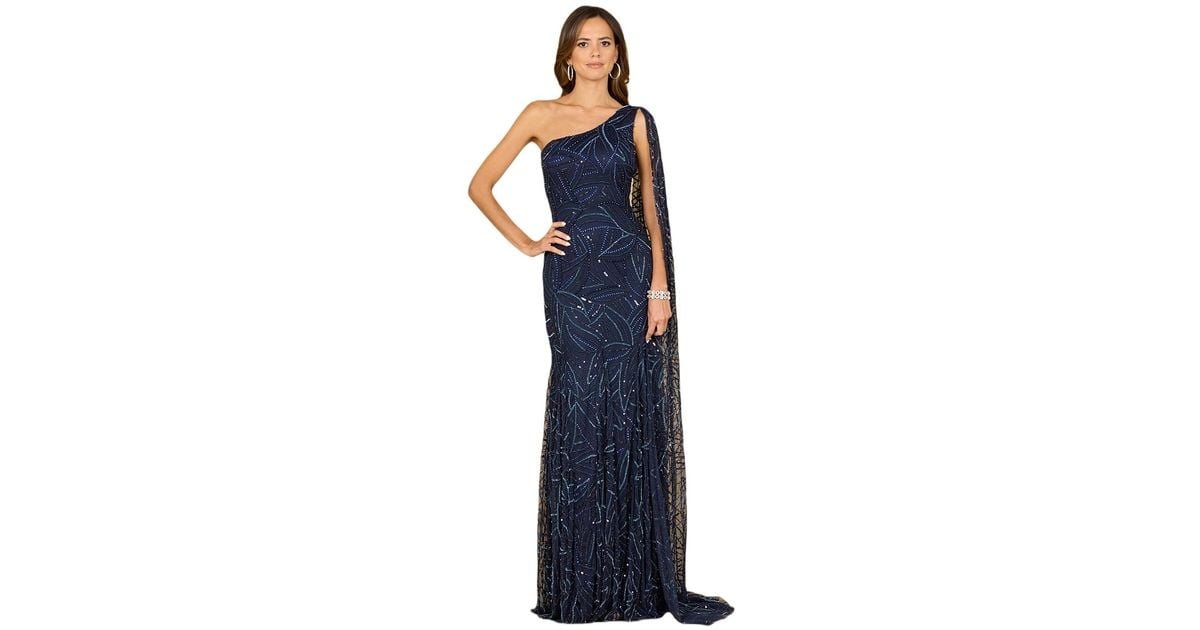 Lara One Shoulder Cape Gown in Blue | Lyst
