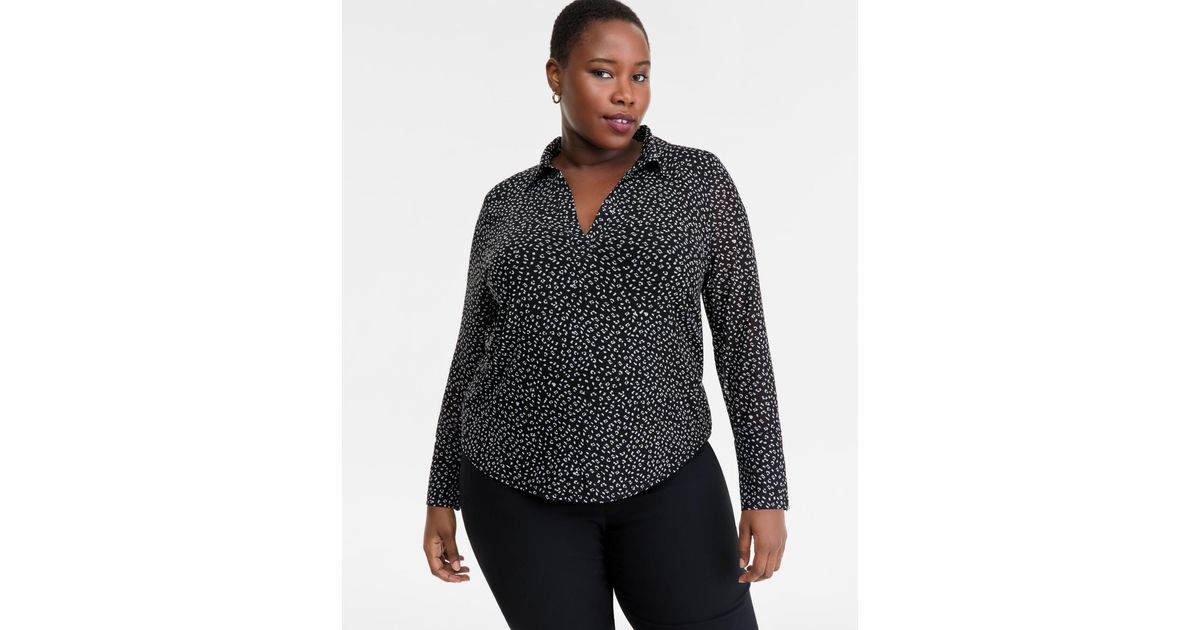 INC International Concepts Plus Size Printed Collared Mesh Top in Gray ...