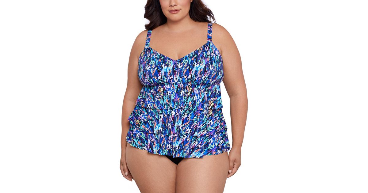 Swim Solutions Plus Size Printed Tiered Fauxkini One Piece Swimsuit In