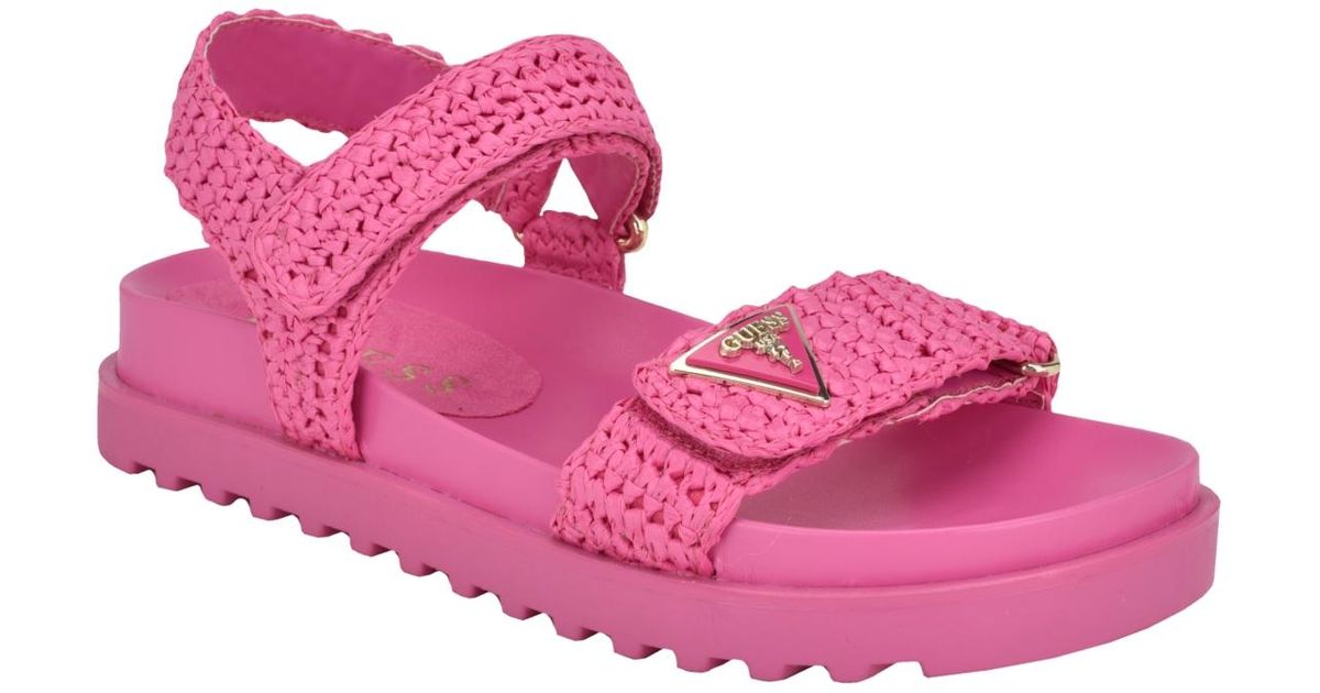 Guess Fabrica Open Toe Slide Footbed Raffia Sandals in Pink | Lyst