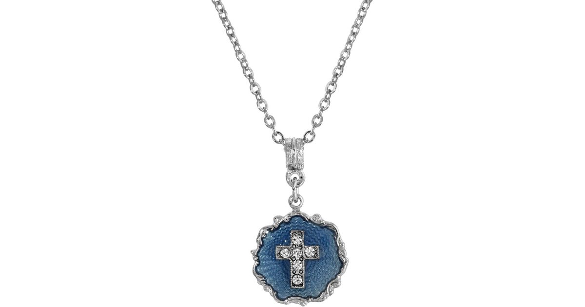 Symbols of Faith Silver-tone Enamel Crystal Cross Round Necklace in ...