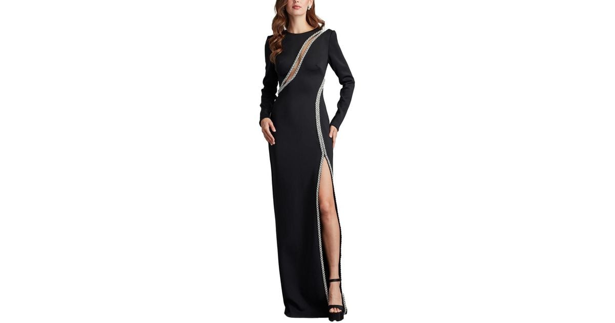 Tadashi Shoji Janae Pearl Trim Peekaboo Gown in Black | Lyst