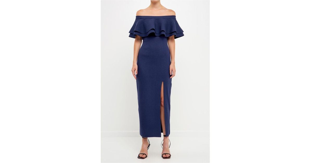 Endless Rose Off The Shoulder Ruffle Maxi Dress With Leg Slit In Blue