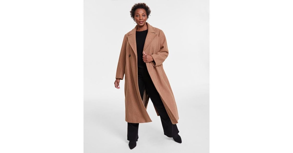 DKNY Plus Size Notched-collar Double-breasted Wrap Coat in Natural | Lyst
