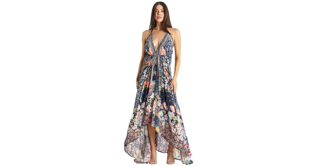 La Moda Clothing Maxi Tropical Print Halterneck Dress in Blue | Lyst