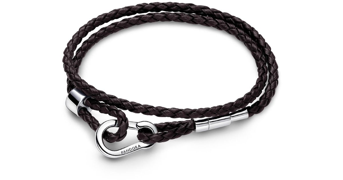 PANDORA Braided Double Leather Bracelet in Black | Lyst